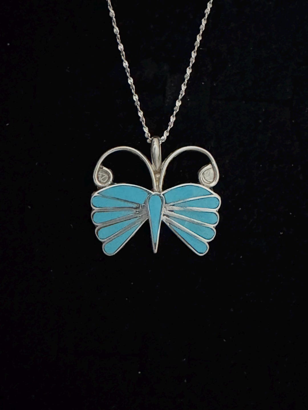 Zuni Native American Butter Fly Turquoise Sterling Silver 20" Necklace ...