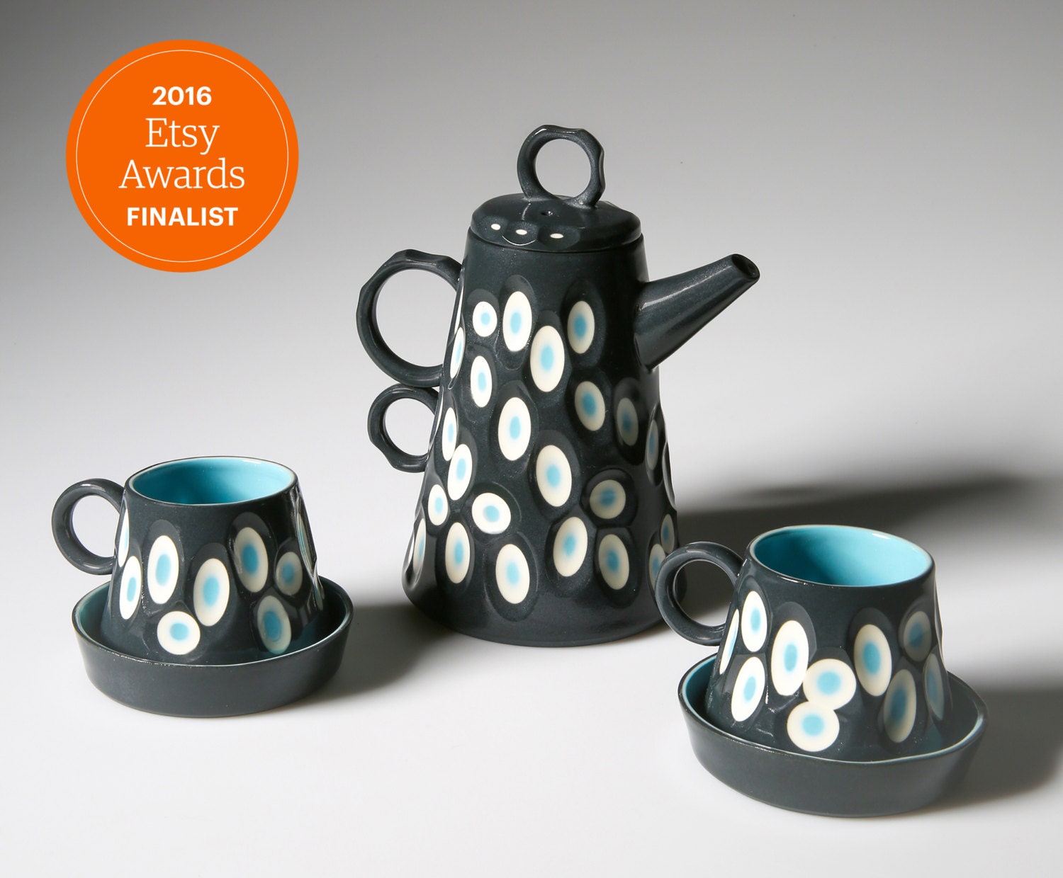 Handmade Coffee Pot With Two Cup & Saucers. Charcoal Black and ...