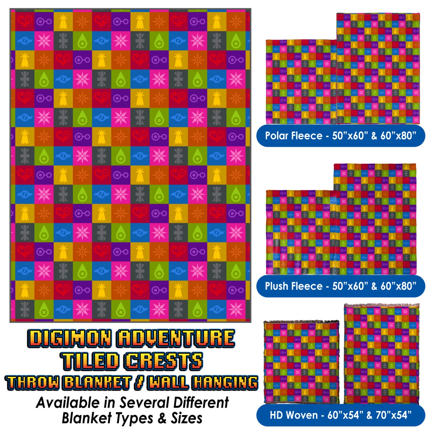 Digimon Adventure Tiled Crests - Throw Blanket / Tapestry Wall Hanging ...