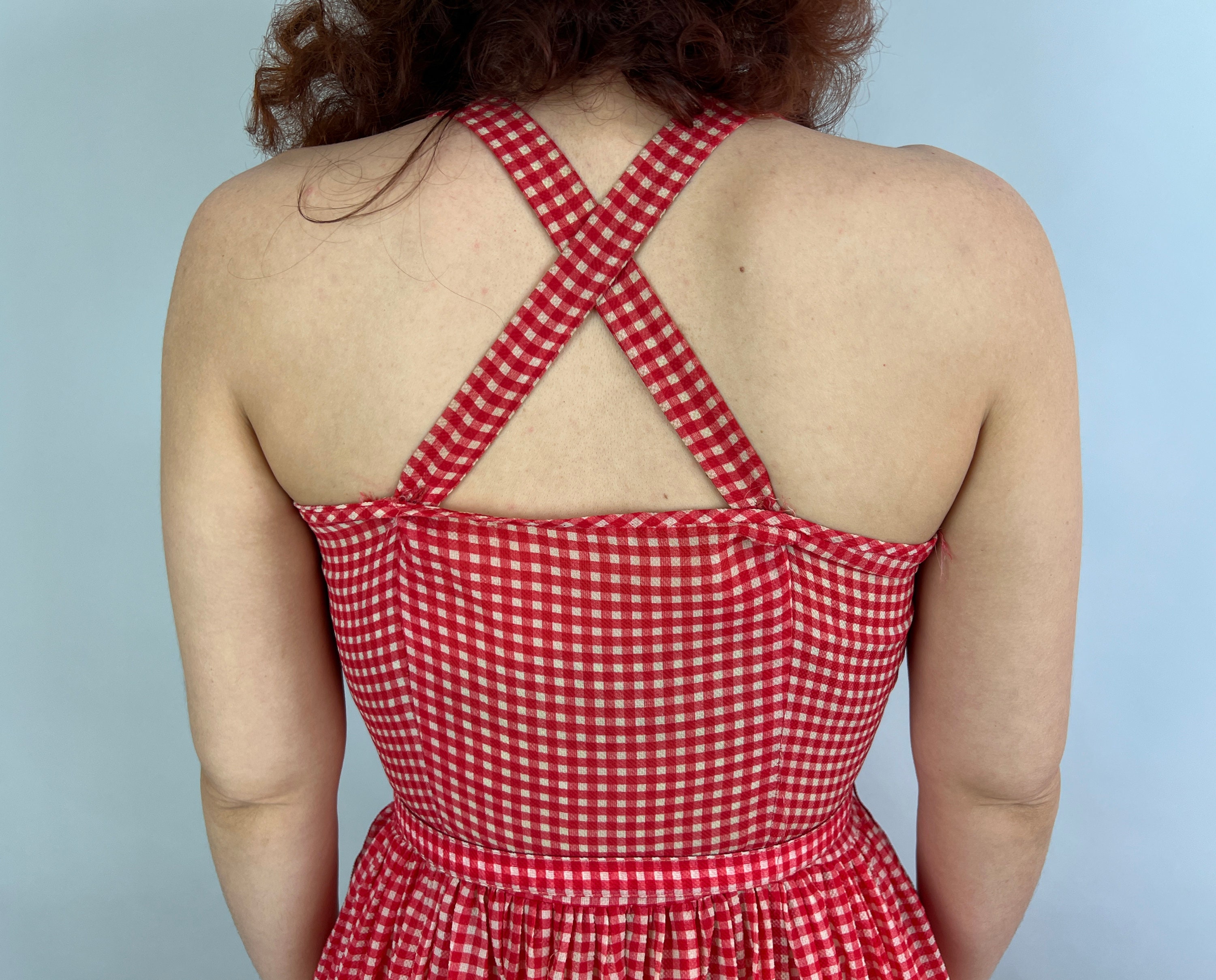 1940s Summer Saunter Dress Set | Vintage 40s Red and White Gingham Semi ...