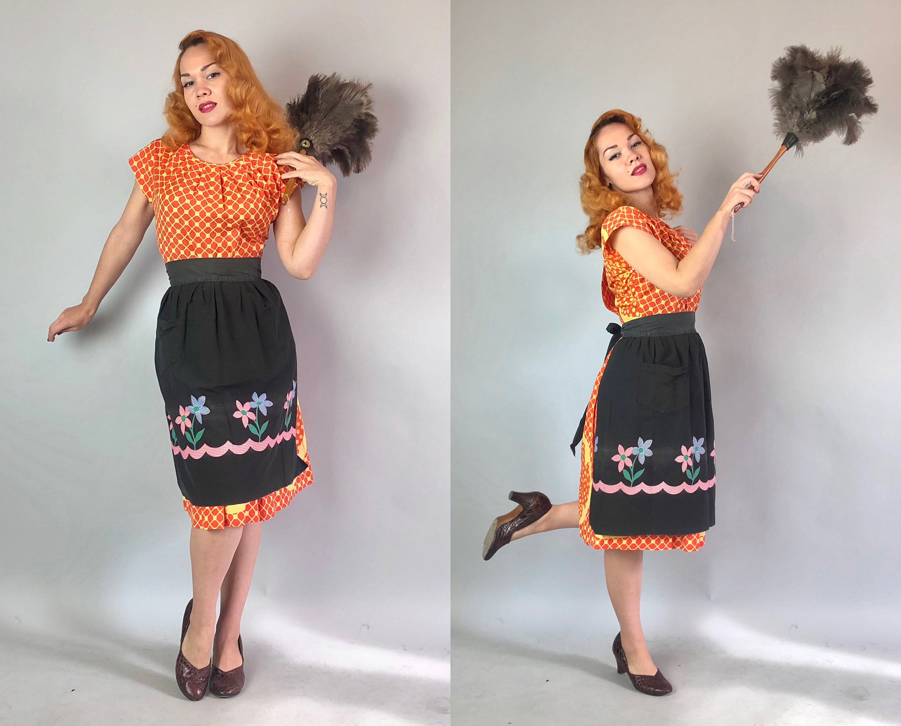 1940s Apron | Vintage 40s Housewife Black Cotton Half Apron with Blue ...