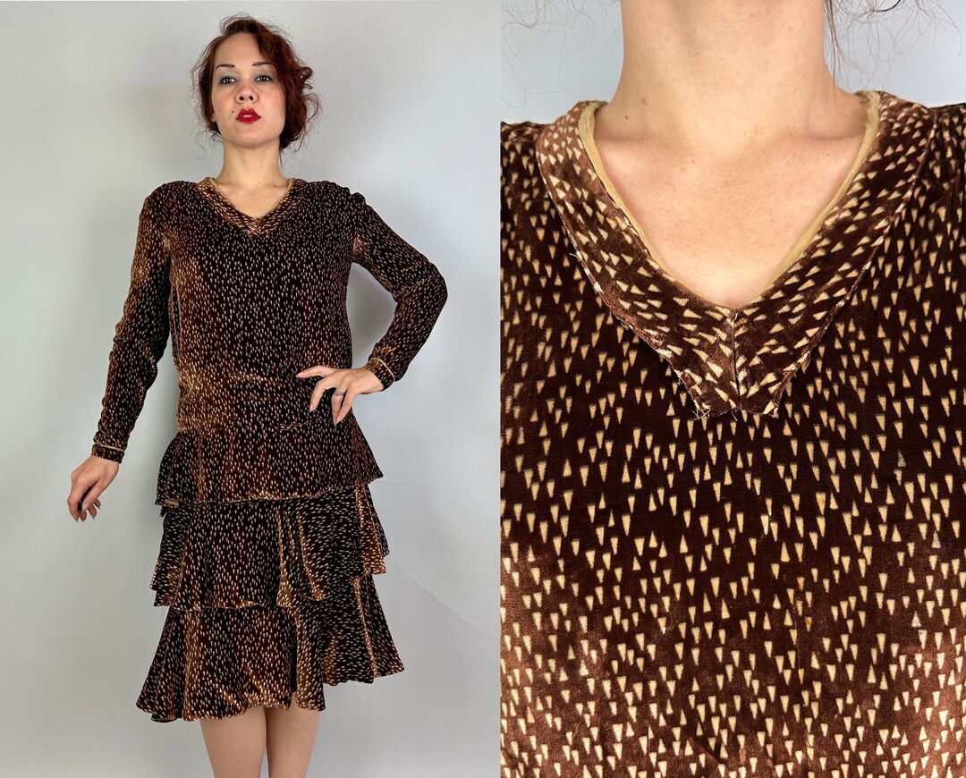 1920s Velvet Vamp Dress Set | Vintage 20s Brown With Ecru Triangle ...