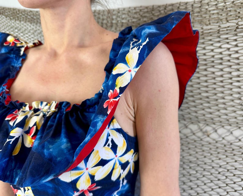 1950s Plumeria Princess Holoku Gown | Vintage 50s Blue Red White and ...