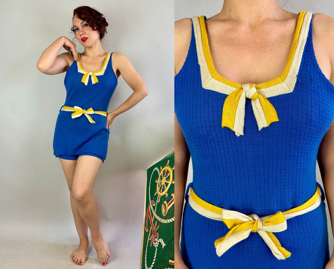 1930s Buxom Bow Bathing Suit Vintage 30s Blue Wool Knit One Piece ...