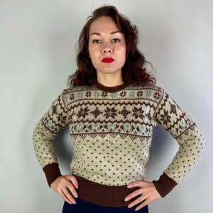 1940s Snow Bunny Sweater Vintage 40s Brown Blue & White Wool Winter ...