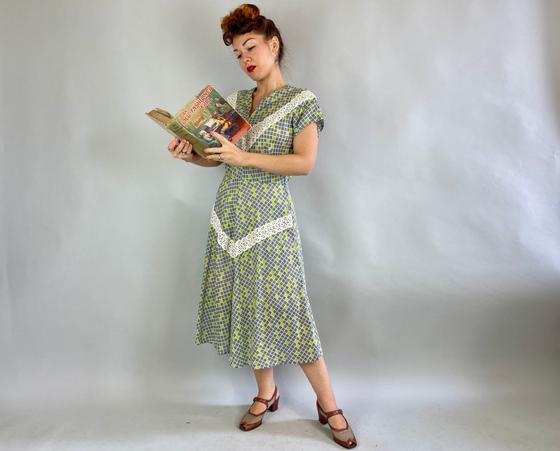 1940s Polly's Postage Stamp Dress | Vintage 40s Semi Sheer Grey White ...