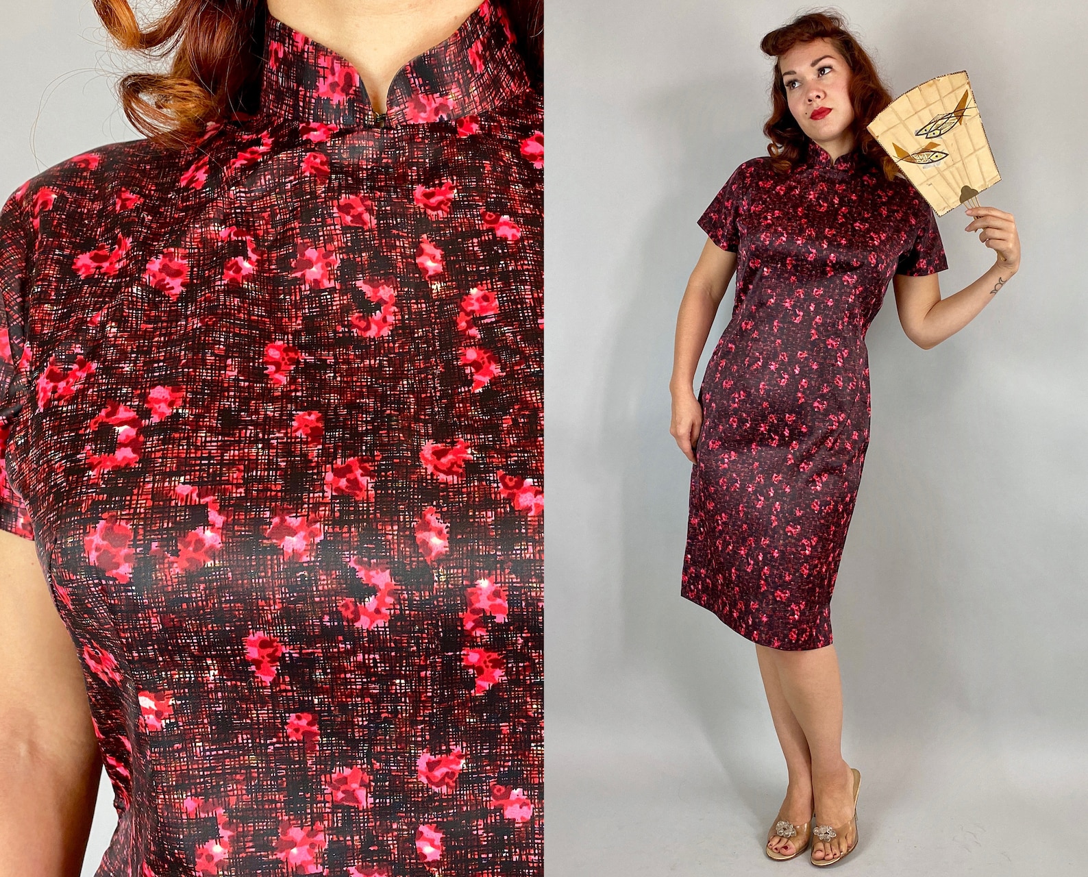 1950s Everything's Coming up Roses Cheongsam | Vintage 50s Red and ...
