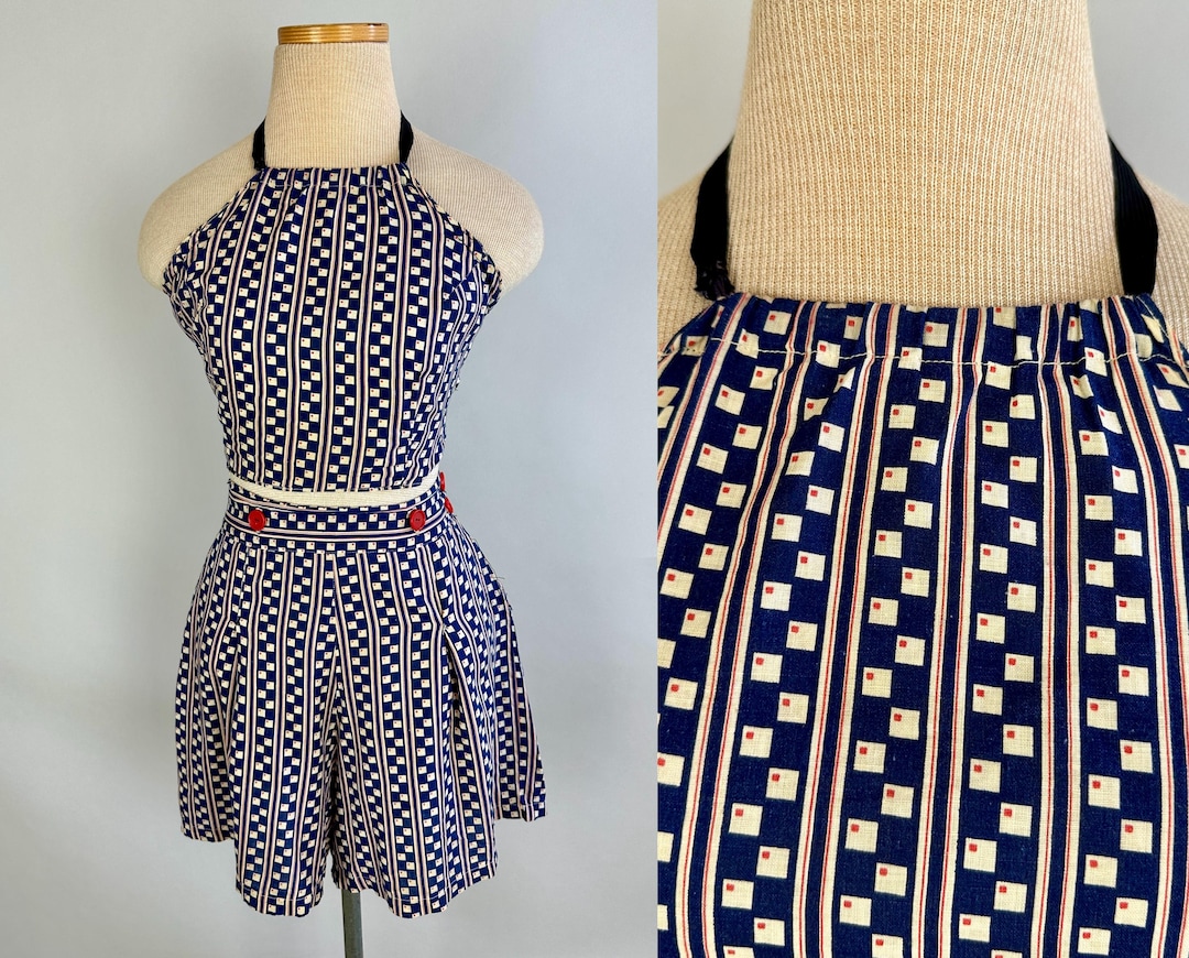 1930s Sultry Sunning Set | Vintage 30s Blue Red White Cotton Two Piece ...