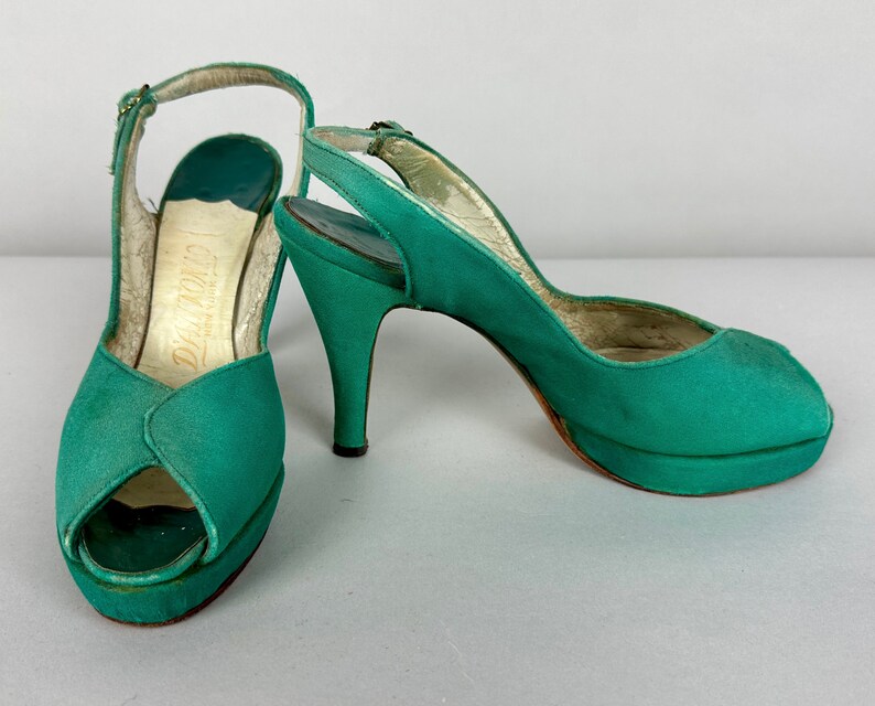 1940s Teal Tootsie Shoes | Vintage 40s Blue Green Silk Fabric Covered ...