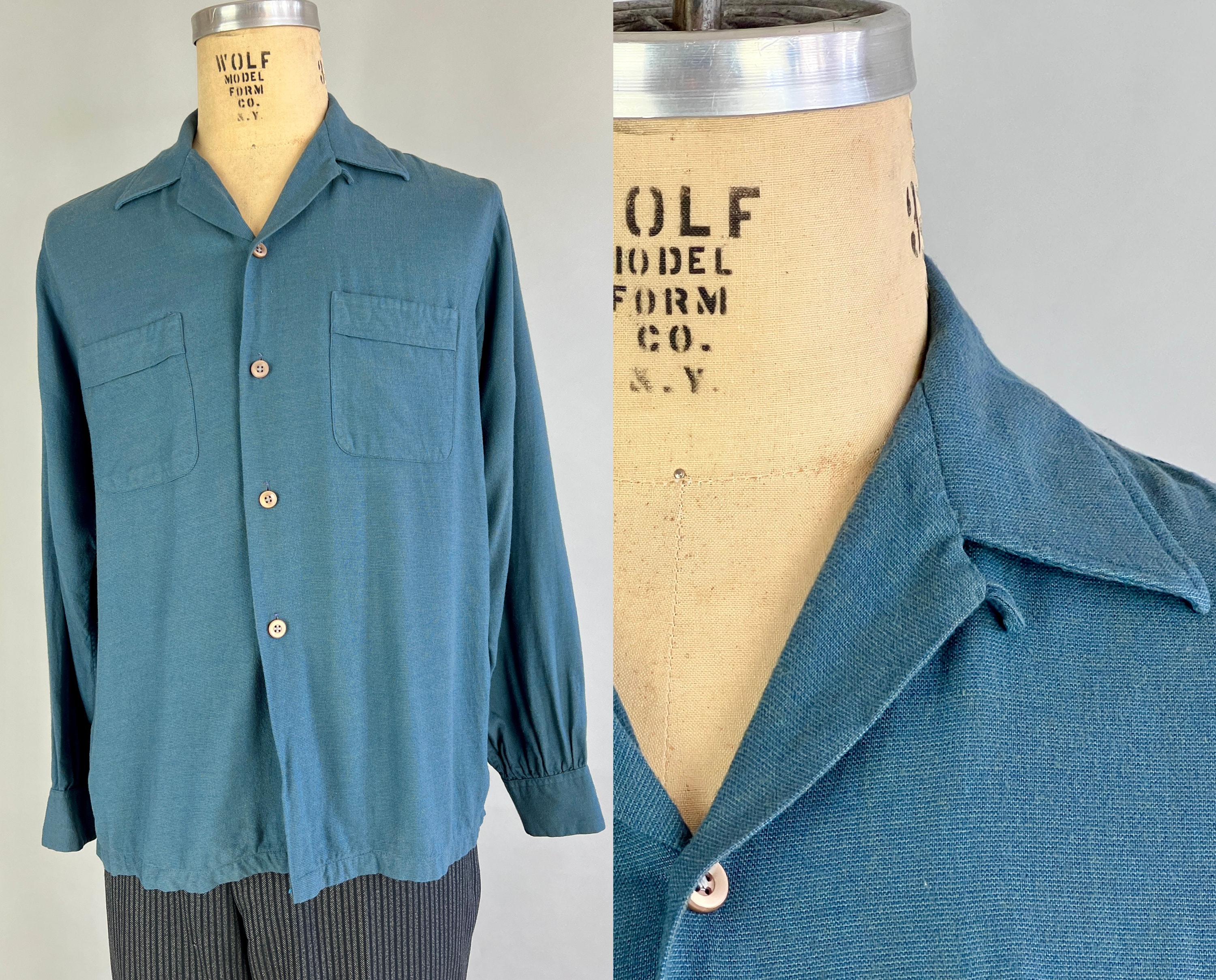 1950s Proud Lion Camp Shirt | Vintage 50s Steel Blue Top-Loop Waffle ...