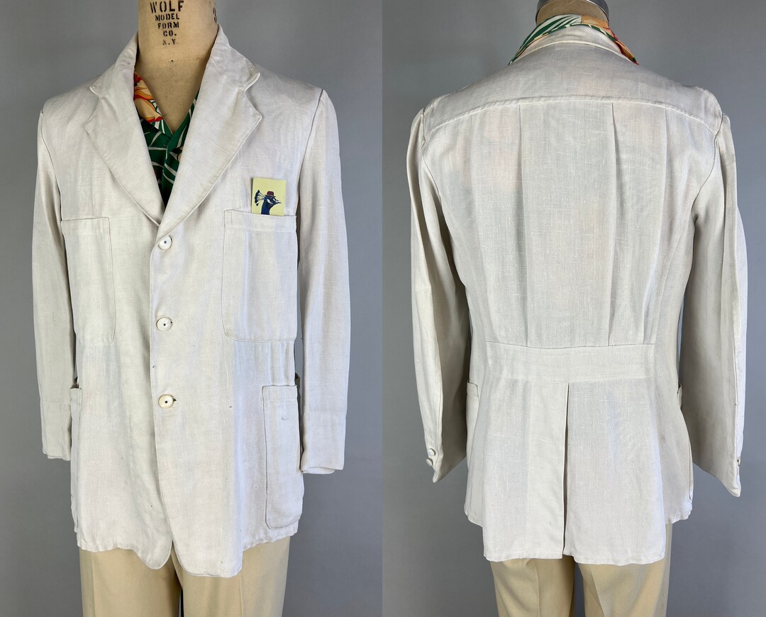 1930s Bermuda Triangle Tropical Blazer | Vintage 30s White Linen Belted ...