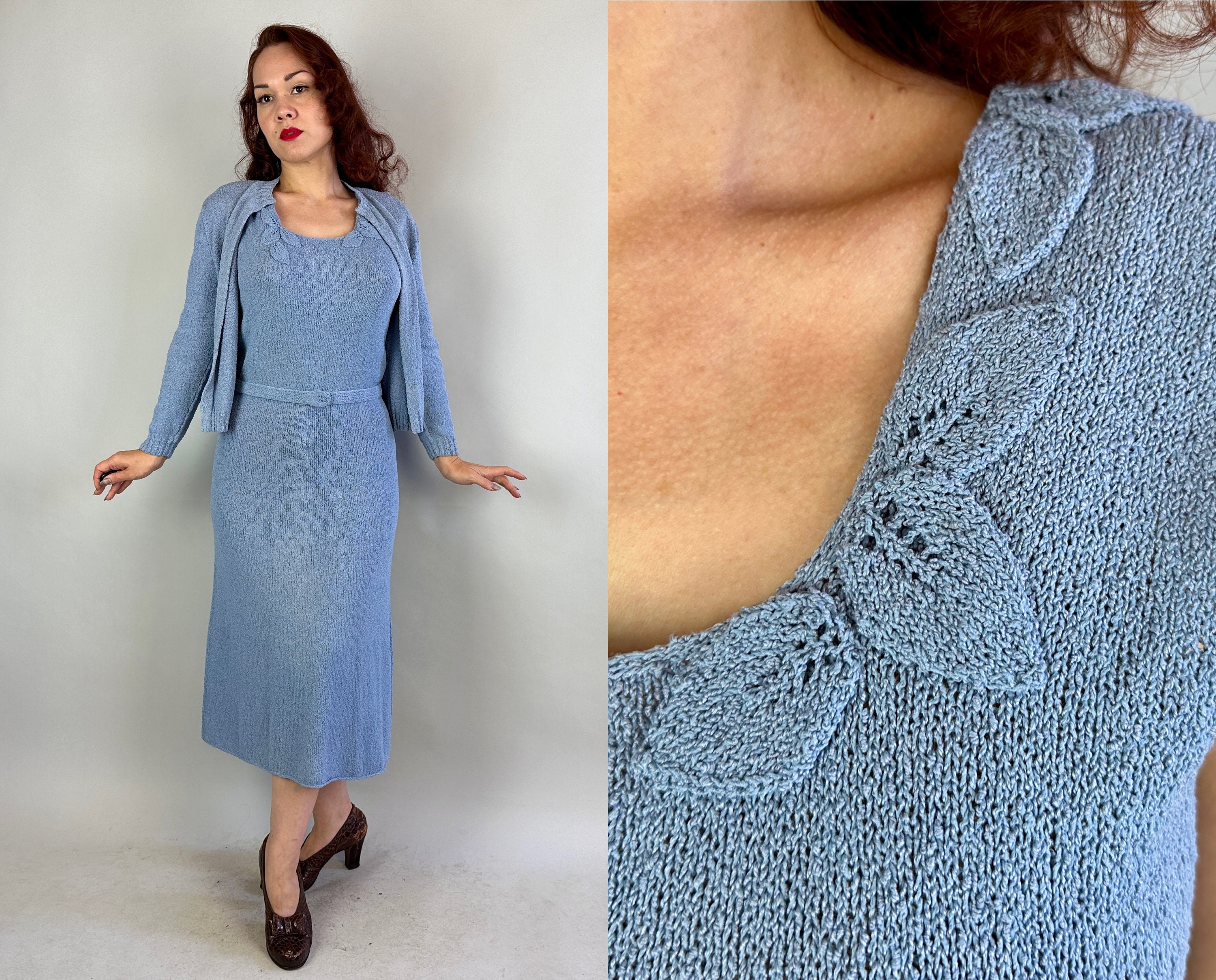 1940s Sassy Sashay Dress Set | Vintage 40s Powder Blue Wool Boucle Knit ...