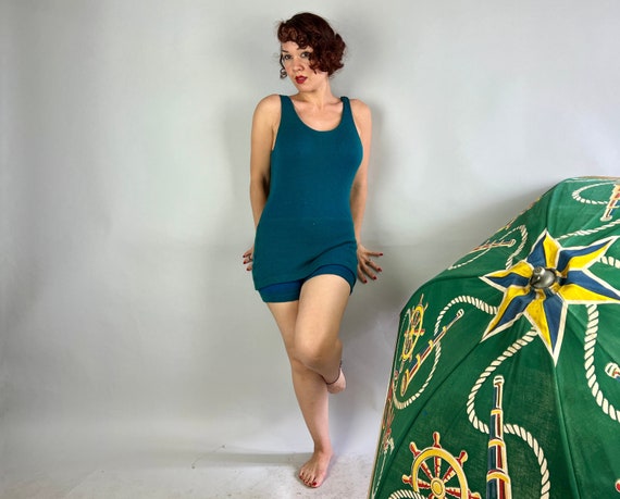 1920s Terrific Teal Swimsuit | Vintage 20s Blue Green… - Gem