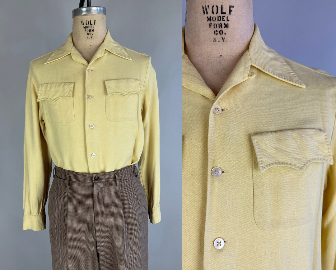 1940s Butter You up Shirt | Vintage 40s Yellow Wool Twill Casual Square ...