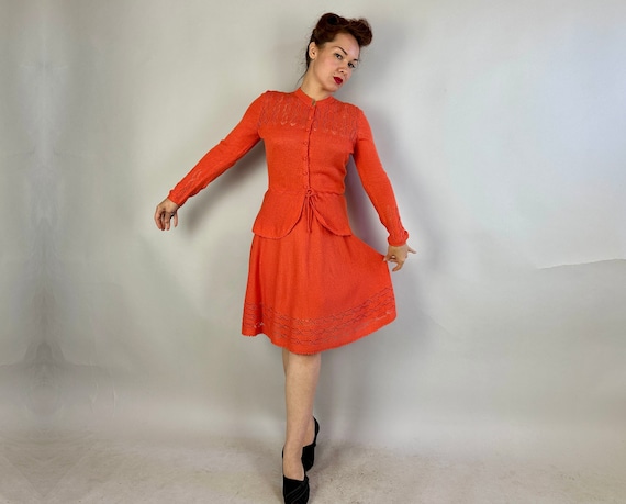 1940s Pumpkin Patch Knit Dress Set | Vintage 40s Oran… - Gem