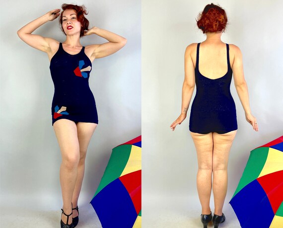 1920s Deco Dolly Swimsuit | Vintage 20s Navy Wool One… - Gem