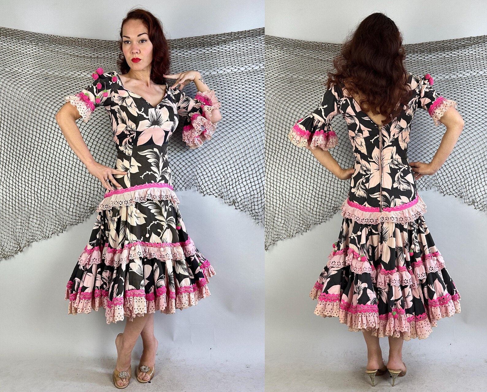 1940s Carmen's Chacha Costume | Vintage 40s Black & Pink Tropical ...