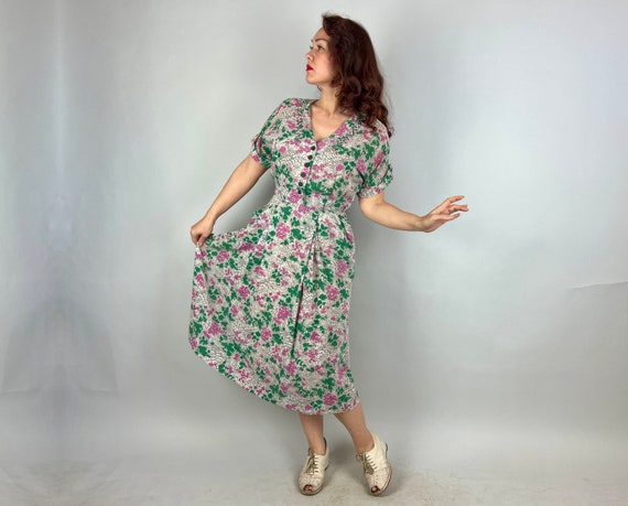 1940s Japanese Garden Frock | Vintage 40s White Pink … - Gem