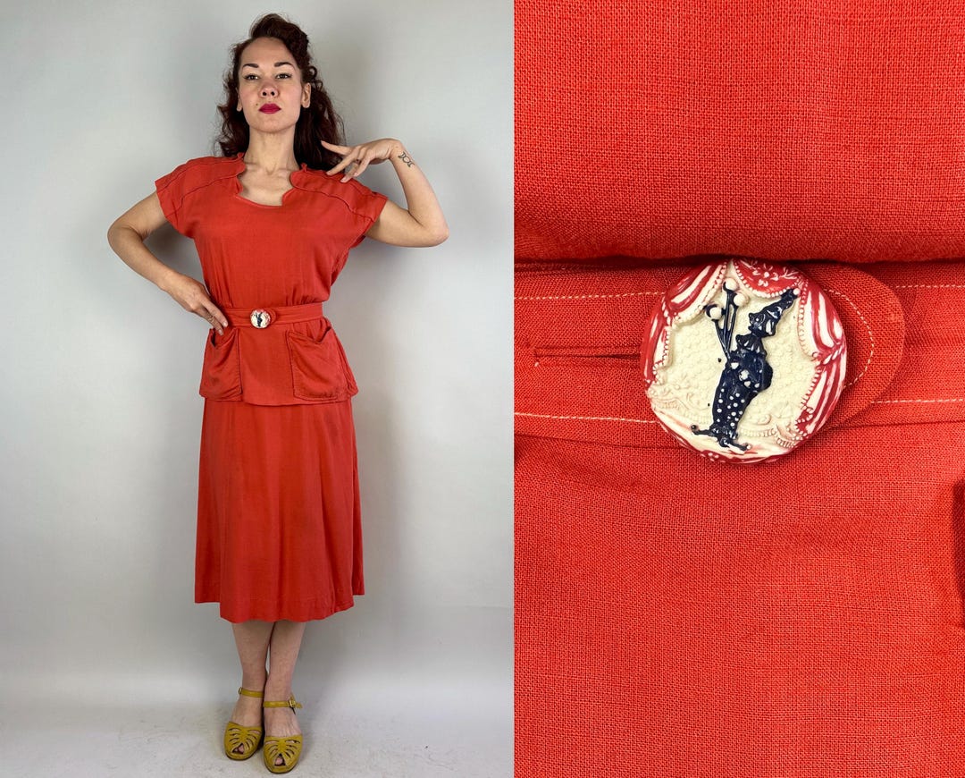 1940s Circus Follies Frock Set | Vintage 40s Orange Three Piece Linen ...