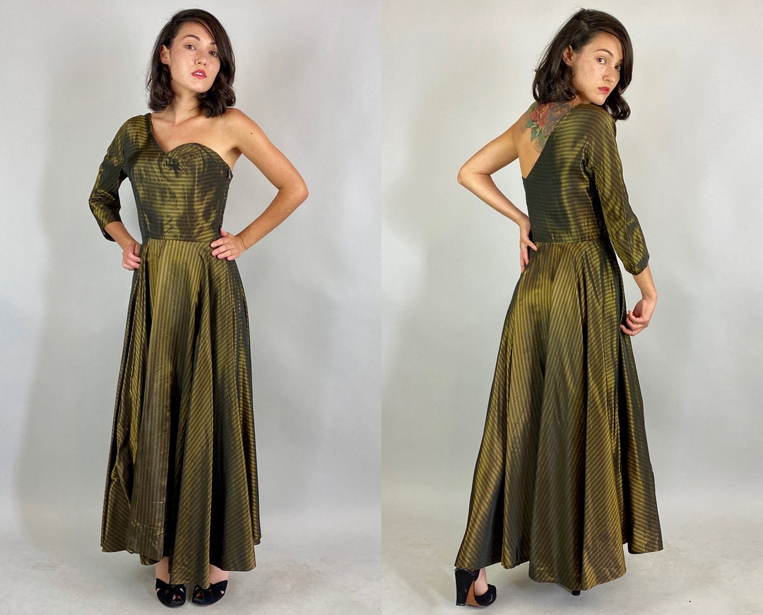 1940s Bombshell Beauty Dress | Vintage 40s Gold and Black Stripe One ...