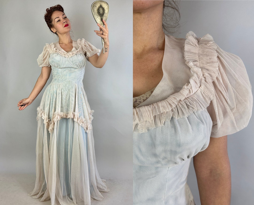 1940s Lithe Lady Gown Vintage 40s White Net Overlay Sky Blue Acetate ...