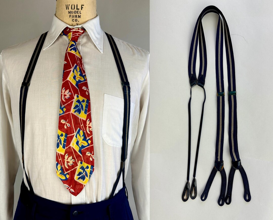 1930s Swell Striped Suspenders | Vintage 30s Midnight Blue and White ...