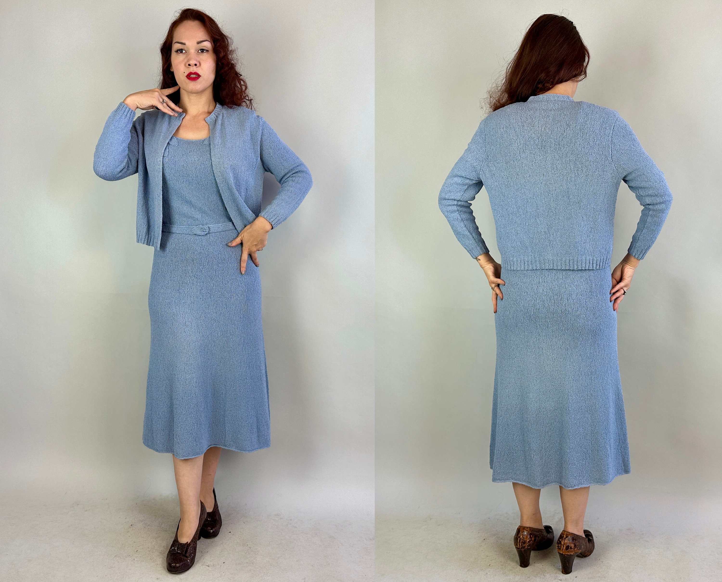 1940s Sassy Sashay Dress Set | Vintage 40s Powder Blue Wool Boucle Knit ...
