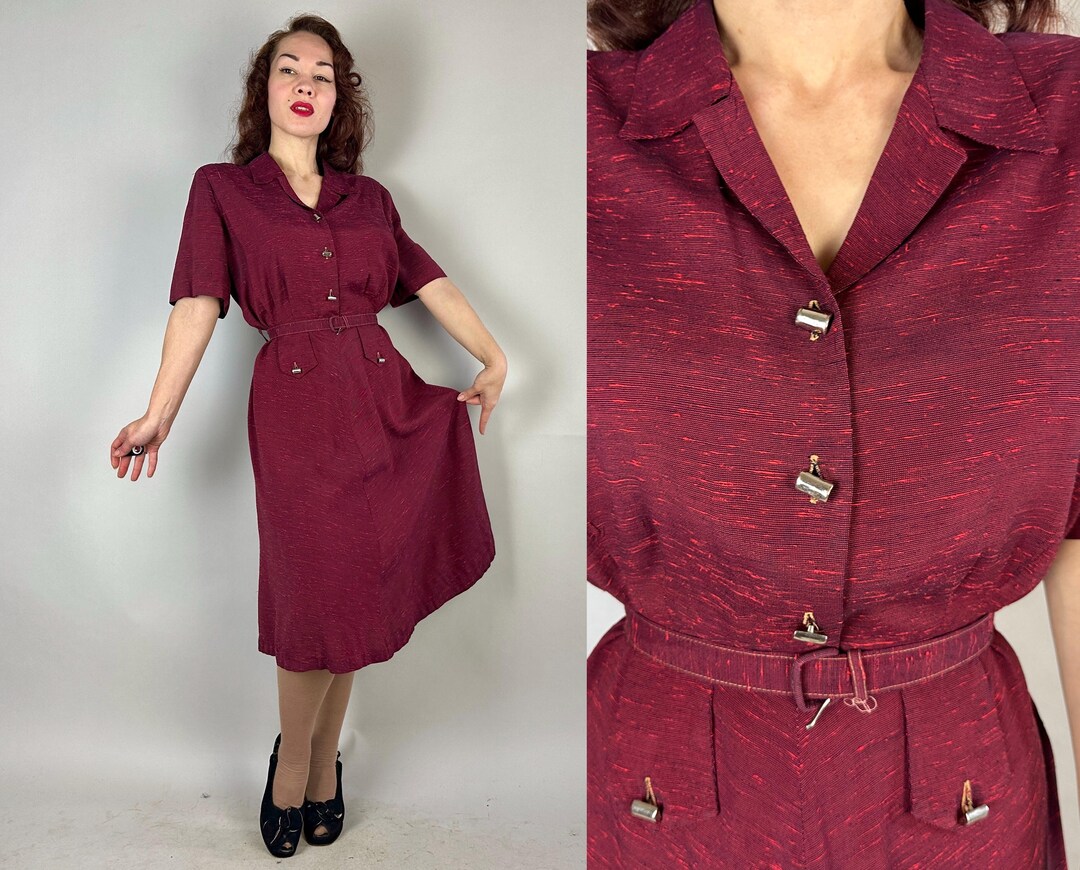 1940s Absolutely Atomic Dress | Vintage 40s Red and Black Slub Fleck ...