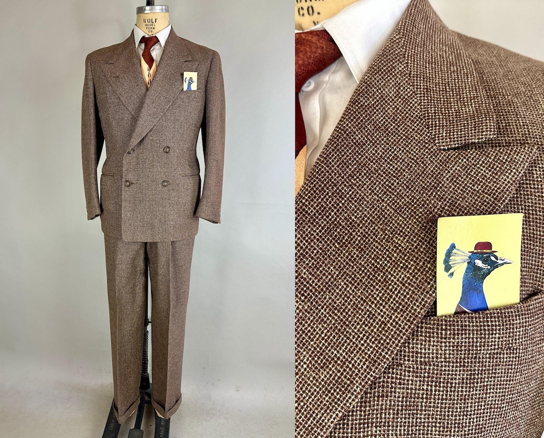 1940s Hollywood Hero Suit | Vintage 40s Brown and White Micro Check ...