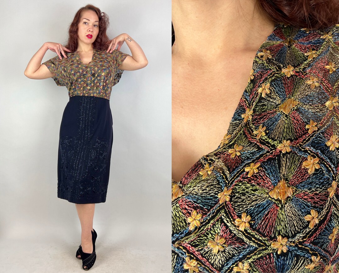1940s Dazzling Dame Dress | Vintage 40s Rainbow Embroidered Lace and ...