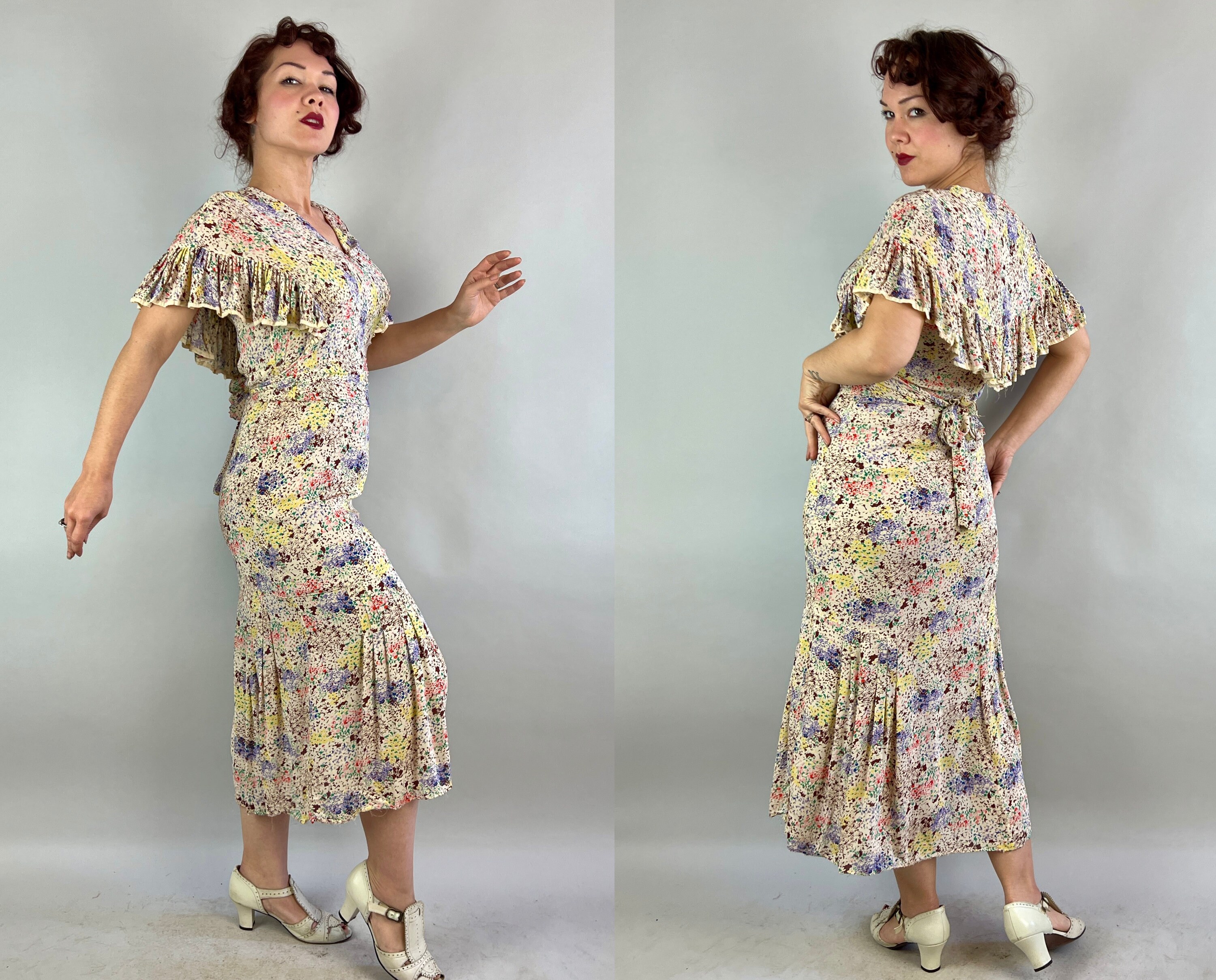 1930s Flirty Flutter Frock | Vintage 30s White Yellow Brown Blue Red ...