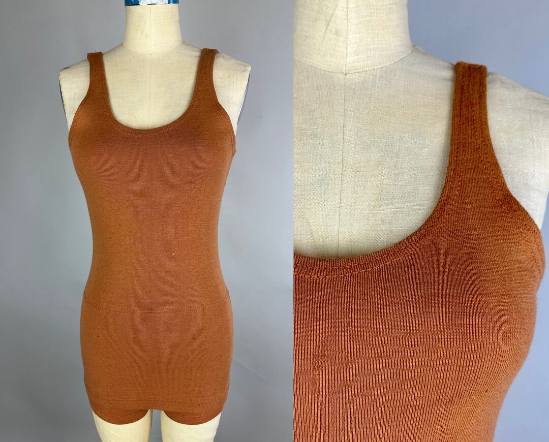 1920s Peachy Keen Swimsuit Vintage 20s Orange Wool Knit One Piece Bathing Suit Swimwear With