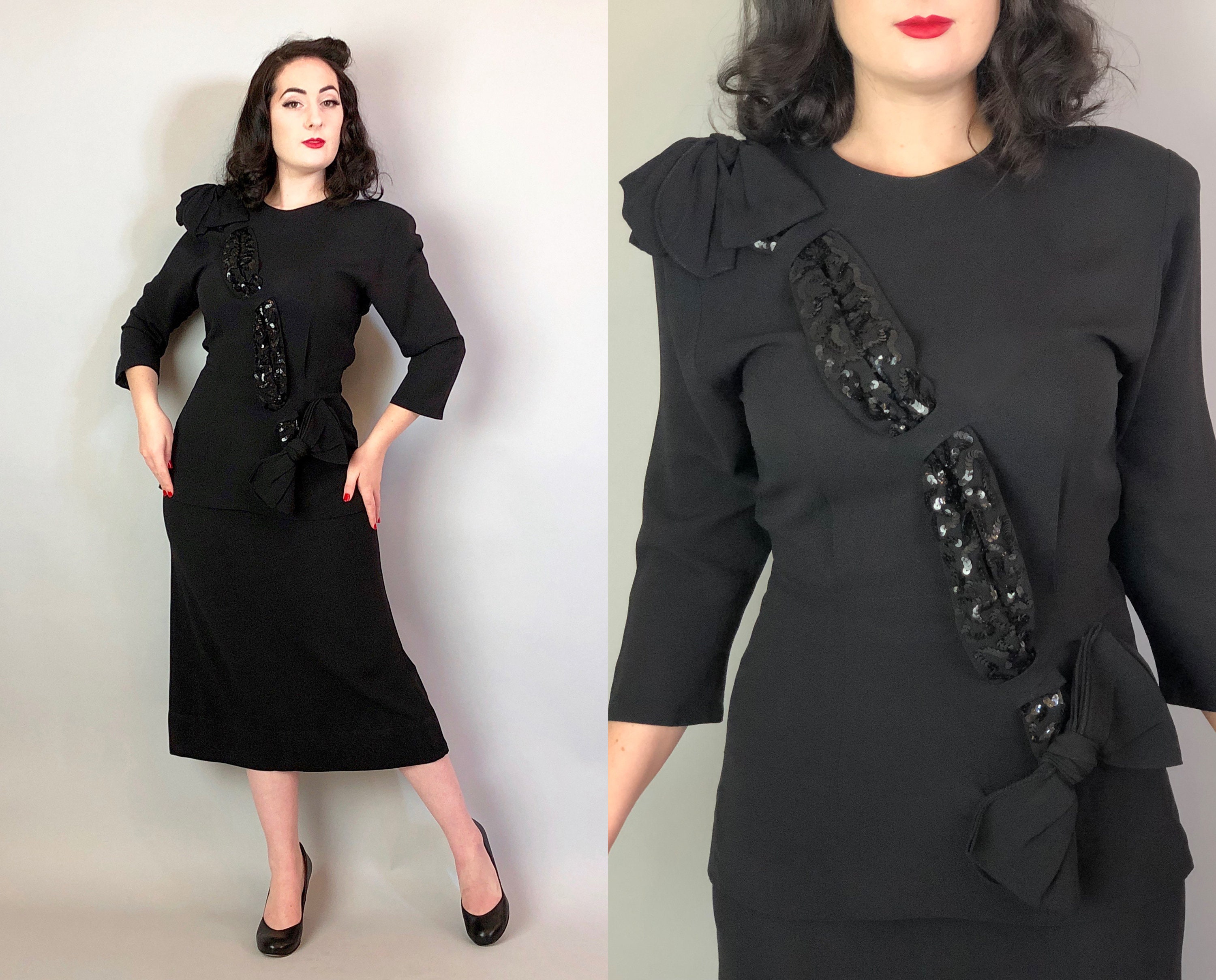 1940s Sequin Sash Dress Set | Vintage 40s Midnight Black Rayon Crepe ...