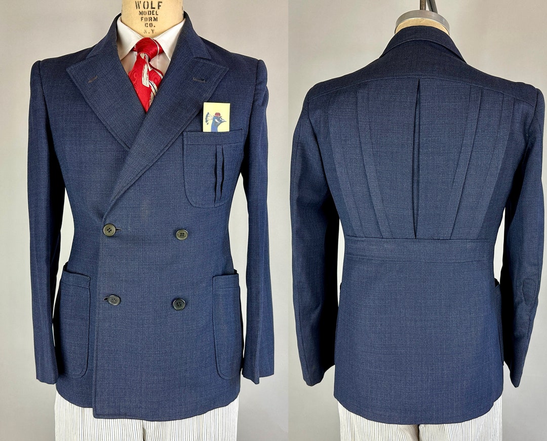 1930s Belted Back Jacket Vintage 30s Blue Micro Windowpane Wool Blazer ...
