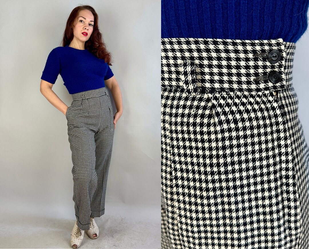 1940s Laid Back Ladies Slacks Vintage 40s Black and White Houndstooth ...