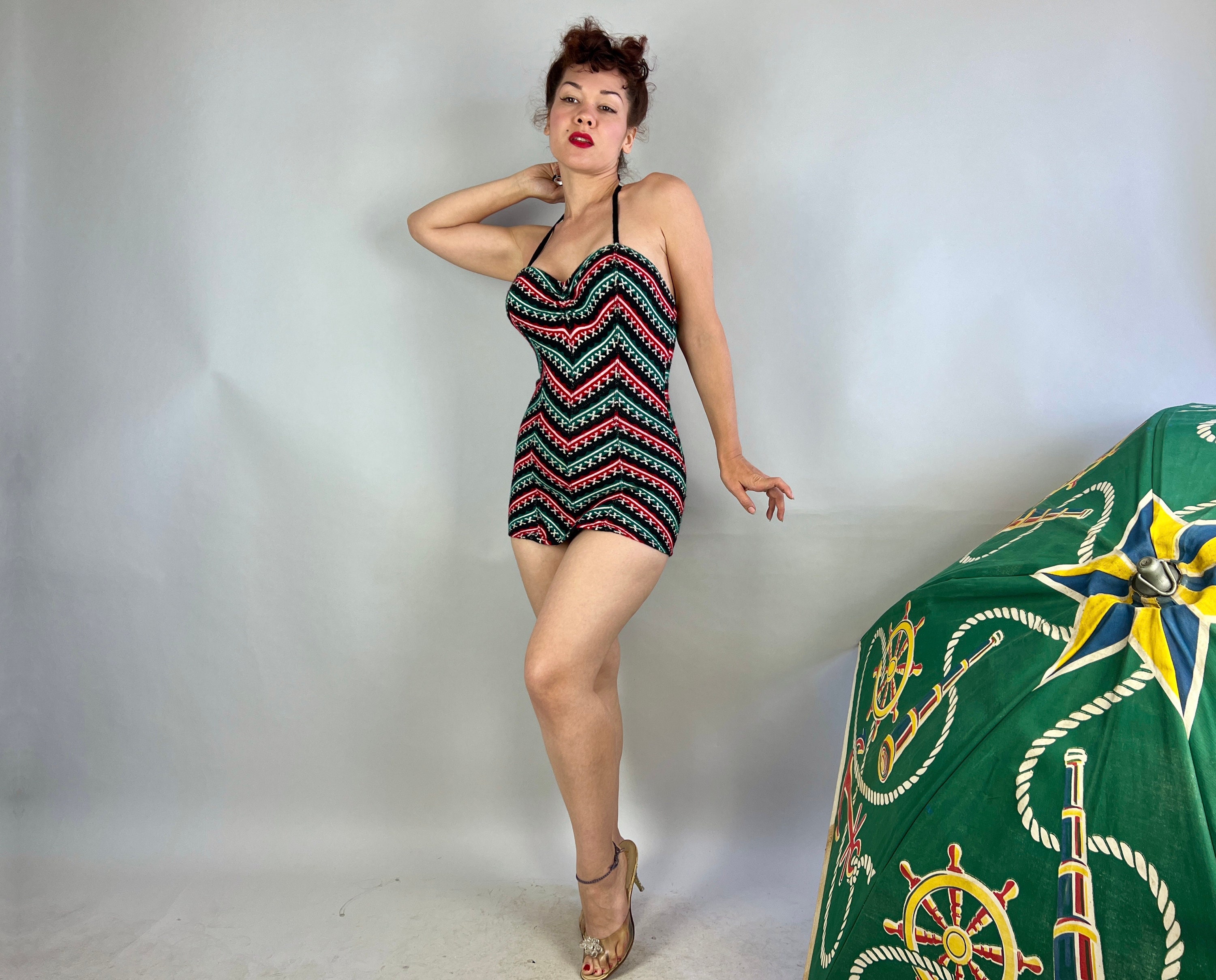 1940s X Marks the Spot Swimsuit | Vintage 40s Black Green Red and White ...