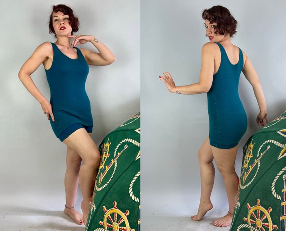 1920s Terrific Teal Swimsuit | Vintage 20s Blue Green… - Gem