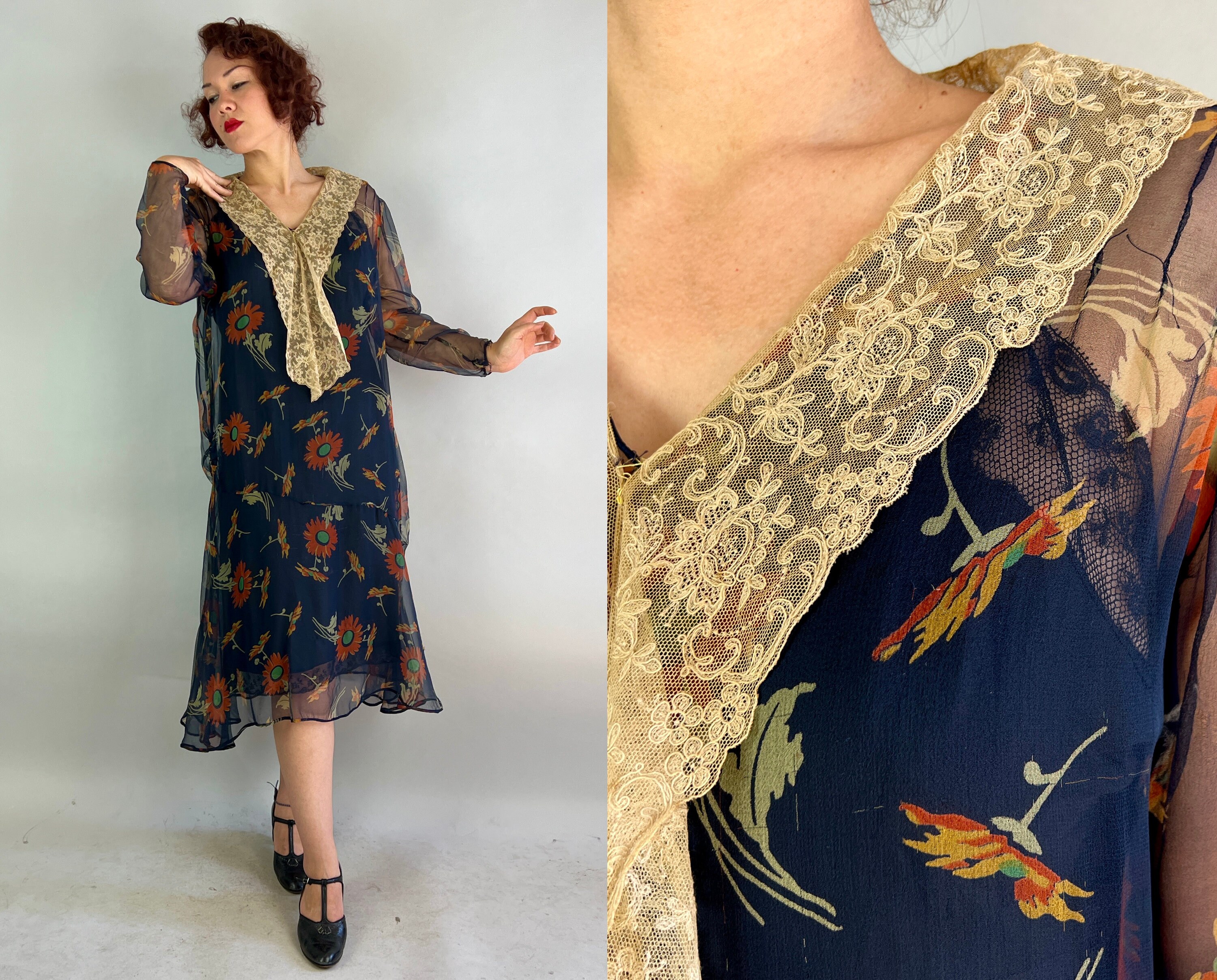 1920s Dark Daisies Dress | Vintage 20s Navy Blue Orange Green Ivory ...