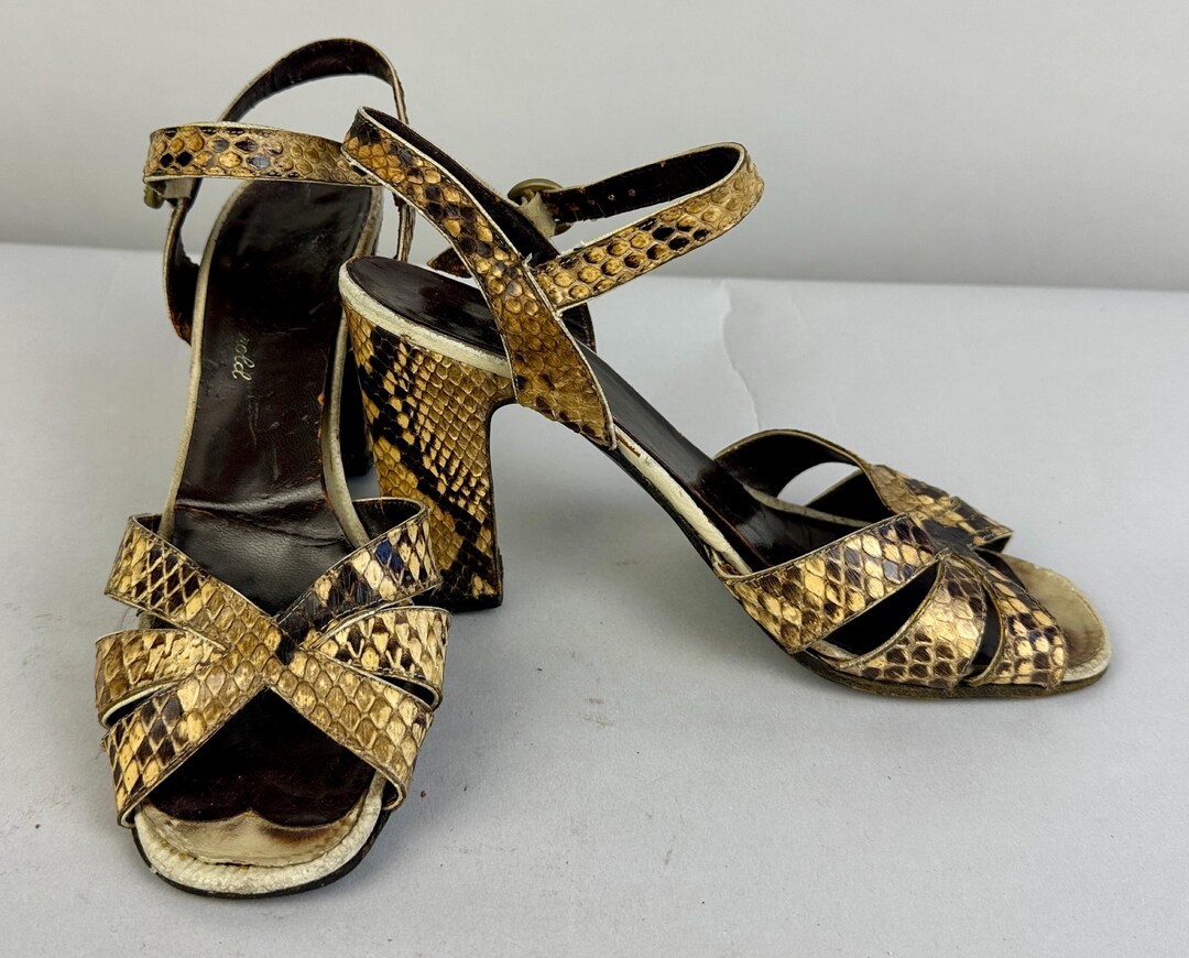 1960s Sexy Slither Sandals | Vintage 60s Beige and Brown Snakeskin ...