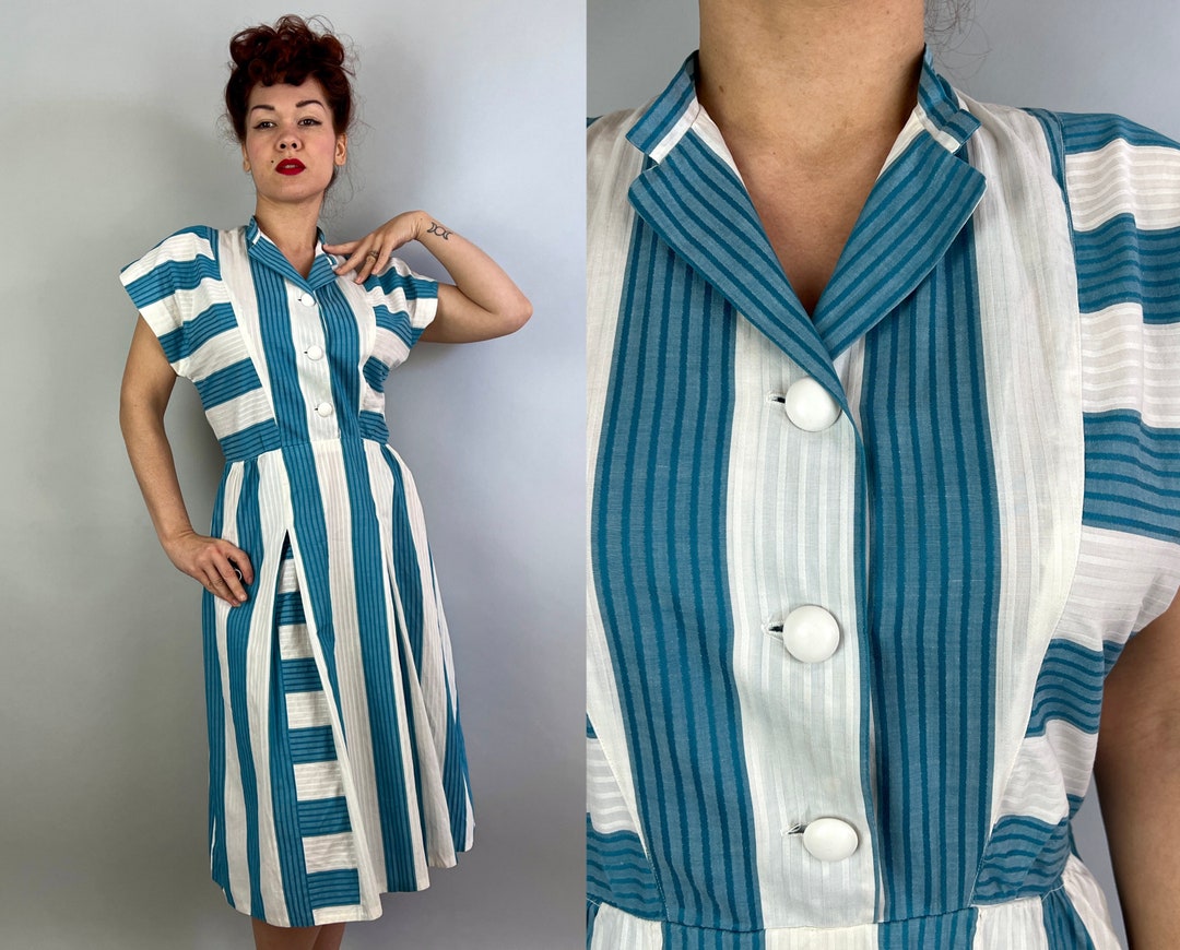 1940s Beach House Betty Frock Vintage 40s Nautical Cotton Striped Day ...