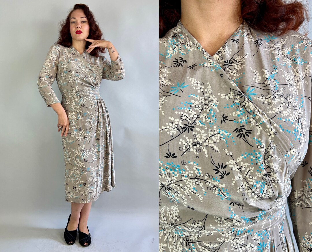 1940s Storms in Spring Dress | Vintage 40s Cloud Grey White Black and ...
