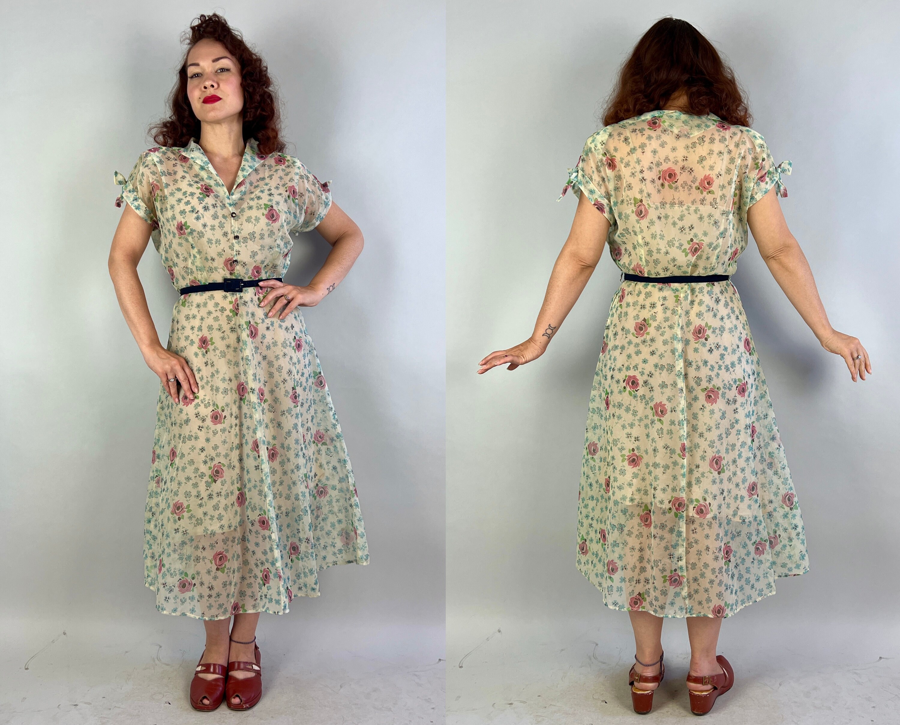 1940s Field of Flowers Dress | Vintage 40s Sheer Voile Blue Pink Green ...