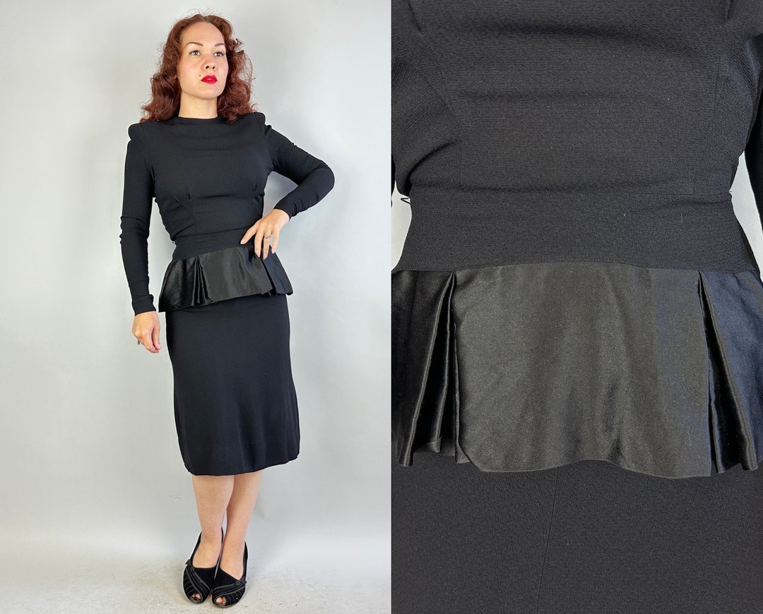 1940s Jet Black Bombshell Dress | Vintage 40s Rayon Crepe Cocktail ...