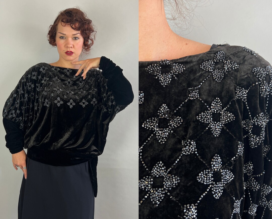 1920s Bedazzled Batwing Blouse | Vintage 20s Black Silk Velvet Side Tie ...