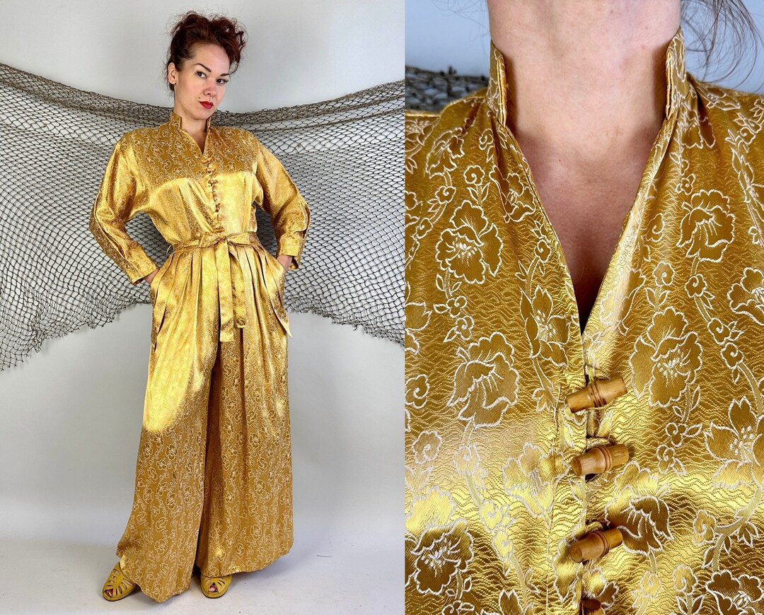 1950s Golden Goddess Jumpsuit | Vintage 50s Floral Satin Brocade Tiki ...