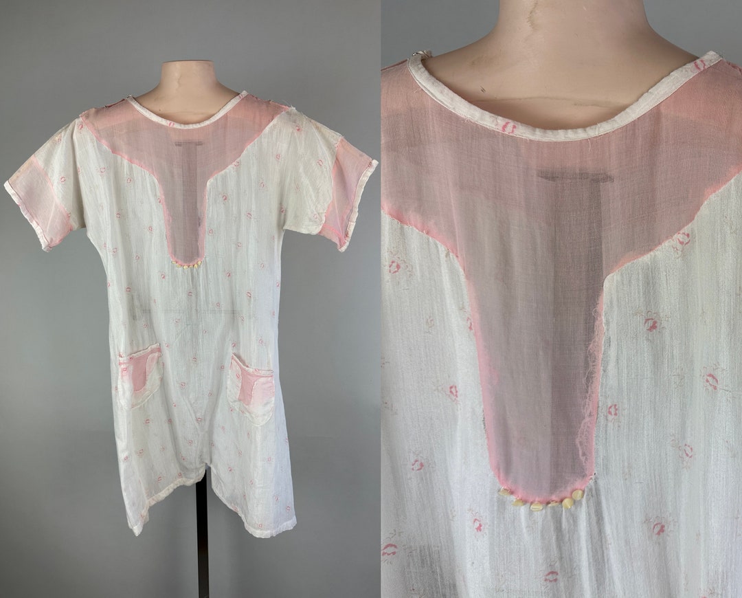 1920s Jazz Baby Romper | Vintage 20s White and Pink Sheer Cotton One ...