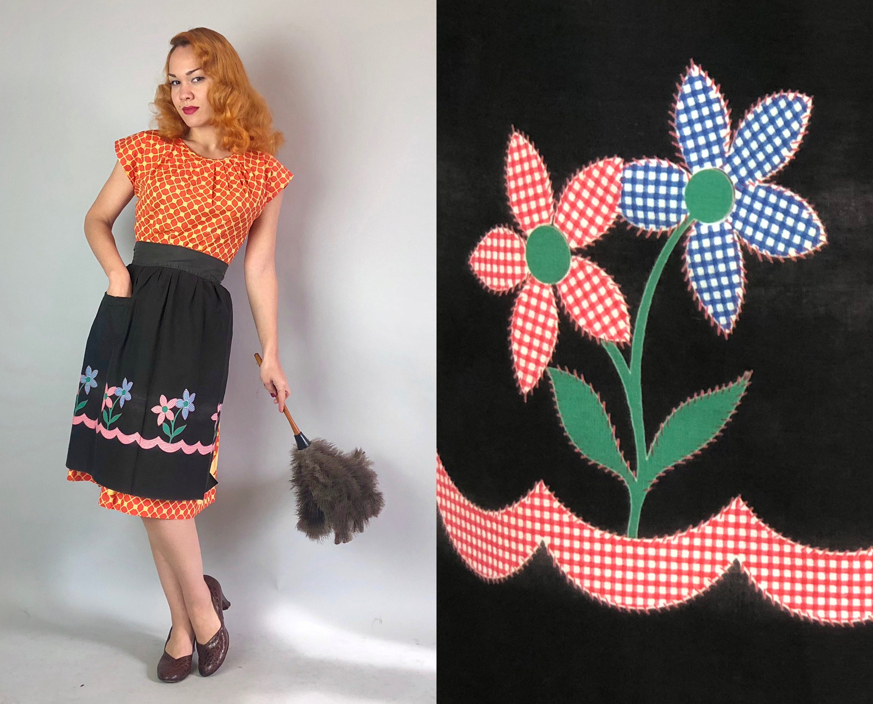 1940s Apron | Vintage 40s Housewife Black Cotton Half Apron with Blue ...