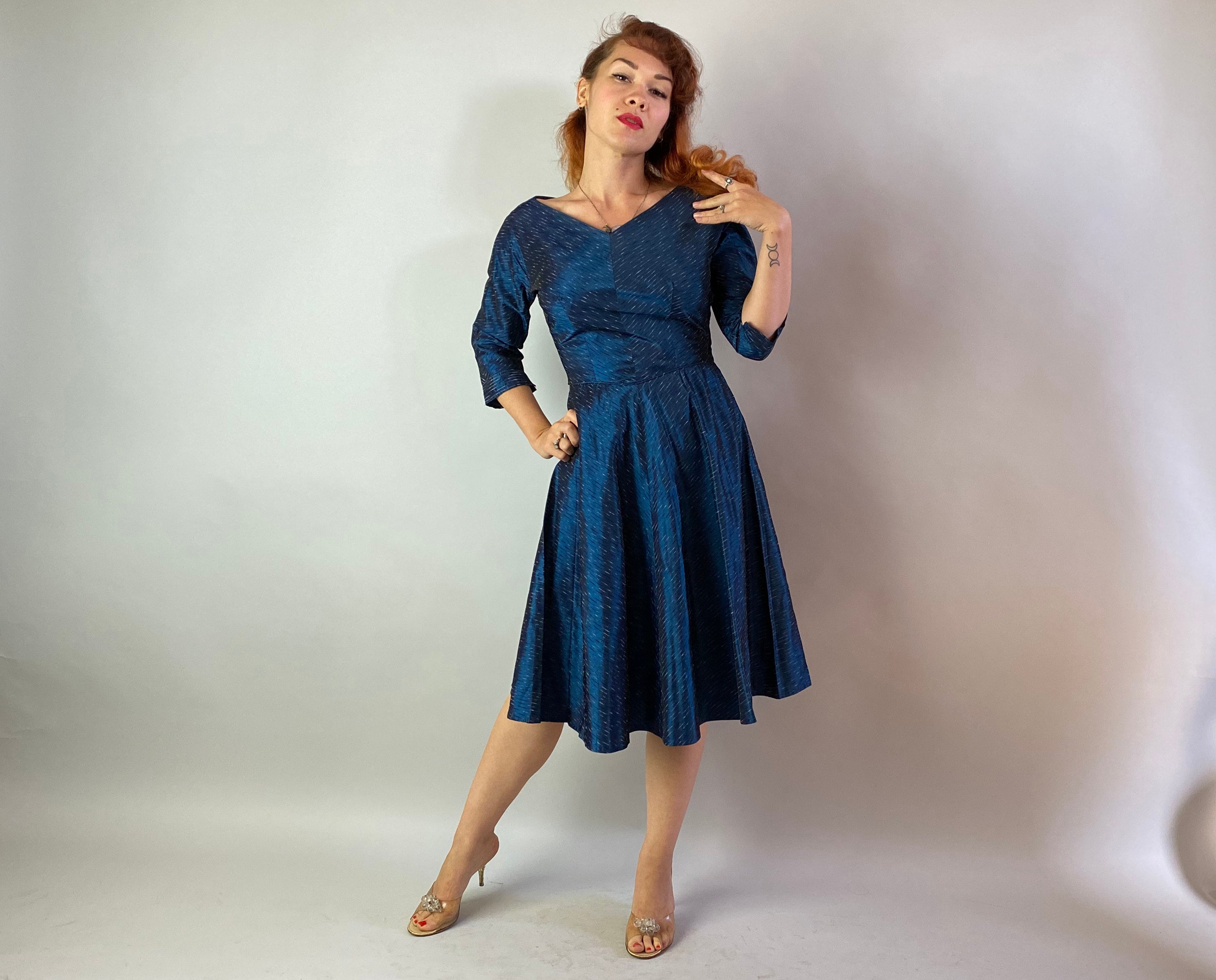1950s Sharp Sharkskin Soirée Dress | Vintage 50s Cobalt Blue Rayon ...