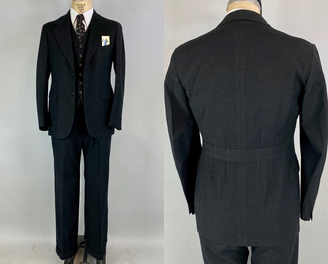 1930s Belted Back Suit Vintage 30s Three Piece Charcoal Black Grey Wool ...