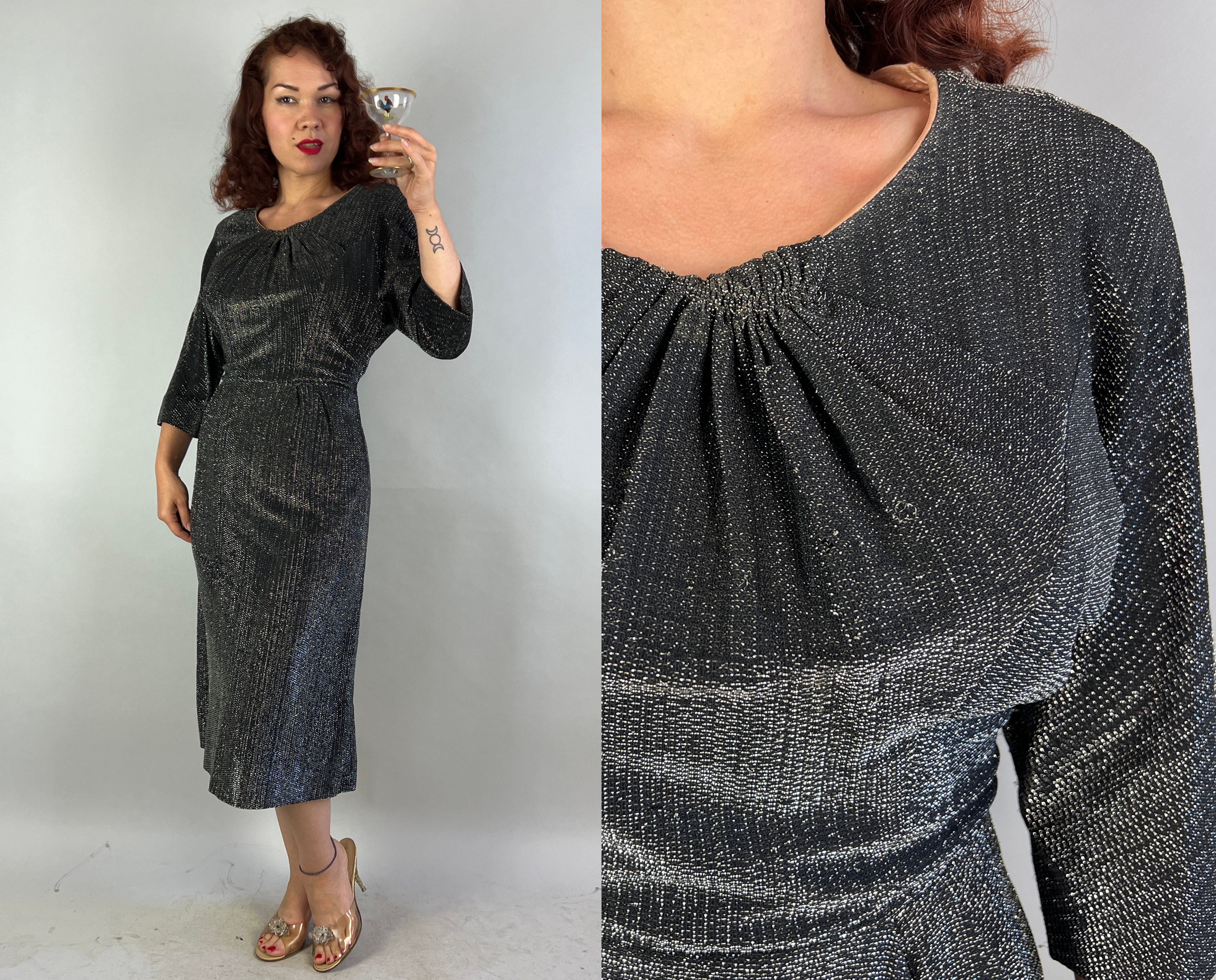 1950s Luxurious Lurex Dress | Vintage 50s Black Silver Thread Flashy ...